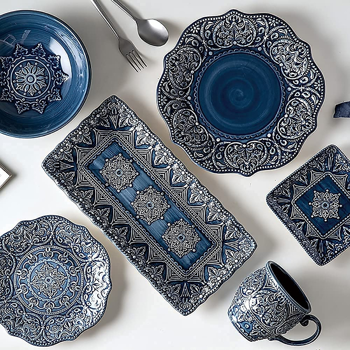Chip Dinnerware,Kitchen Tableware Set,Ceramics Dinnerware Sets, Plates and Bowls Sets | 12 Pcs Blue Underglaze Dishes Set - Mexican Dinnerware for Restaurant Family Party