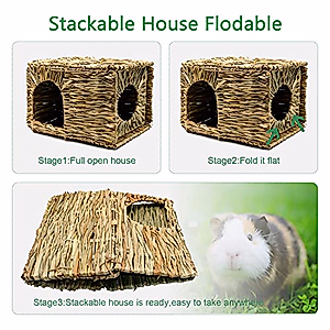 BWOGUE Large Grass House for Guinea Pigs,Hand Woven Straw Hut Foldable Small Animal Play Hideaway Bed with Double Openings Playhouse for Bunny Guinea Pig Chinchilla Ferret