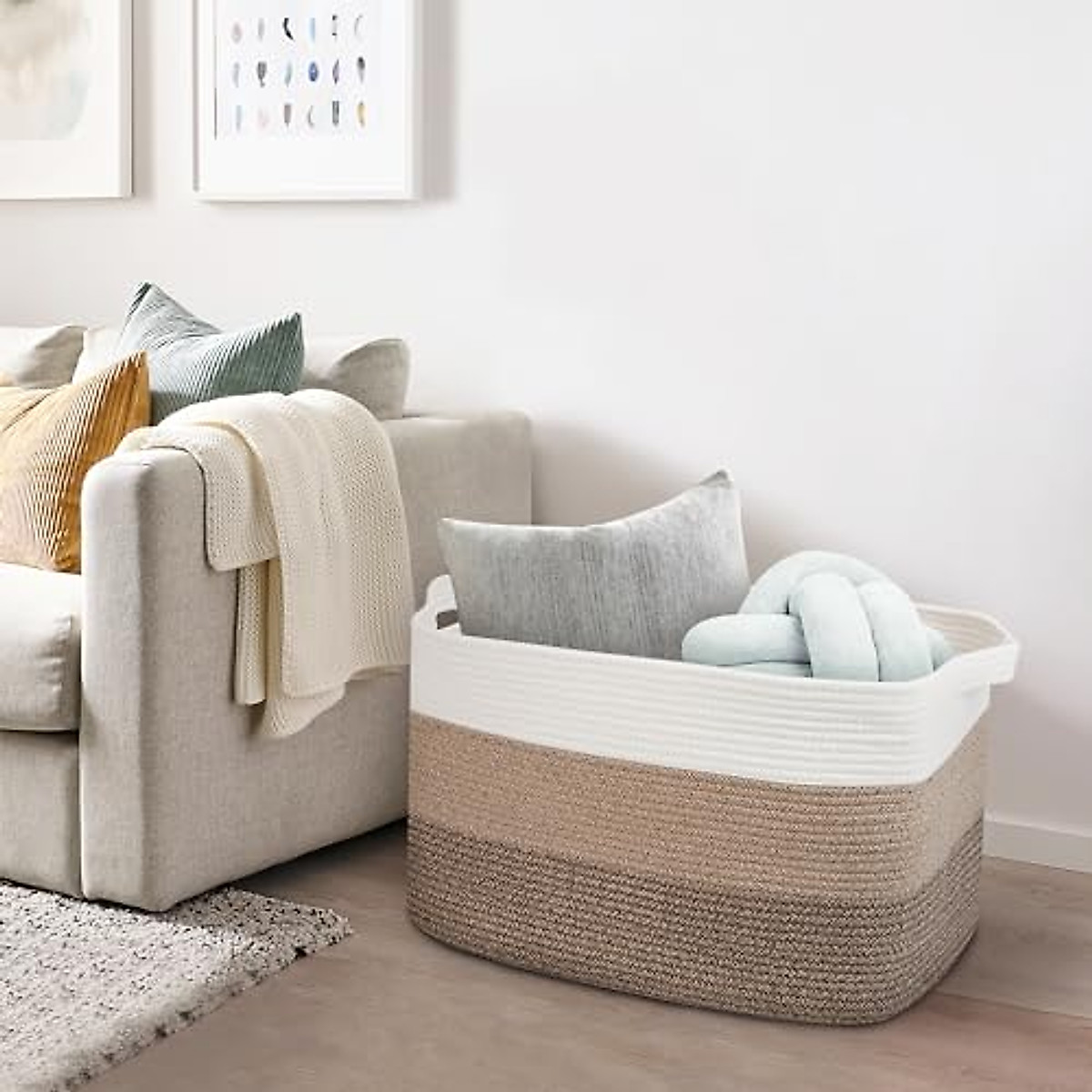 MEGASKET Extra Large Blanket Storage Basket, 23.6" x 15.7" x 14.1" Rectangle Woven Cotton Rope Basket, Blanket Basket Holder for Living Room, Wicker Storage Basket for Pillows, Blankets Organizer Bins