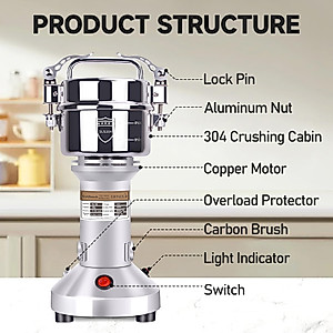 Goldtouch 150g Grain Mill Grinder 1500W Electric Stainless Steel Grain Grinder High-Speed Pulverizer Powder Machine for Dry Wheat, Oats, Corn, Pepper and Coffee Beans (150g Stand Type)