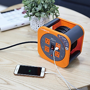Link2Home Cord Reel 25 ft. Extension Cord 4 Power Outlets, 2 USB Ports, 2.4A Fast Charge – 16 AWG SJT Cable.