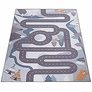 Kids Rug Play Mat Mountain Road with Bears & Trees for Playroom in Blue , Size: 2'8" x 4'11"