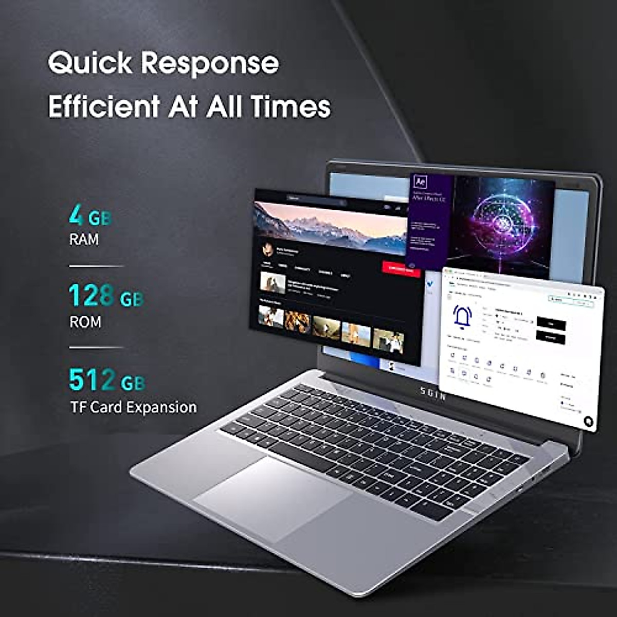 SGIN Laptop 15.6 Inch 4GB DDR4 128GB SSD, Windows 11 Laptop with Intel Celeron, up to 2.8GHz, Mini HDMI, 2.4/5.0G WiFi, 2 x USB 3.0, Expandable Storage 512GB TF(Sliver)