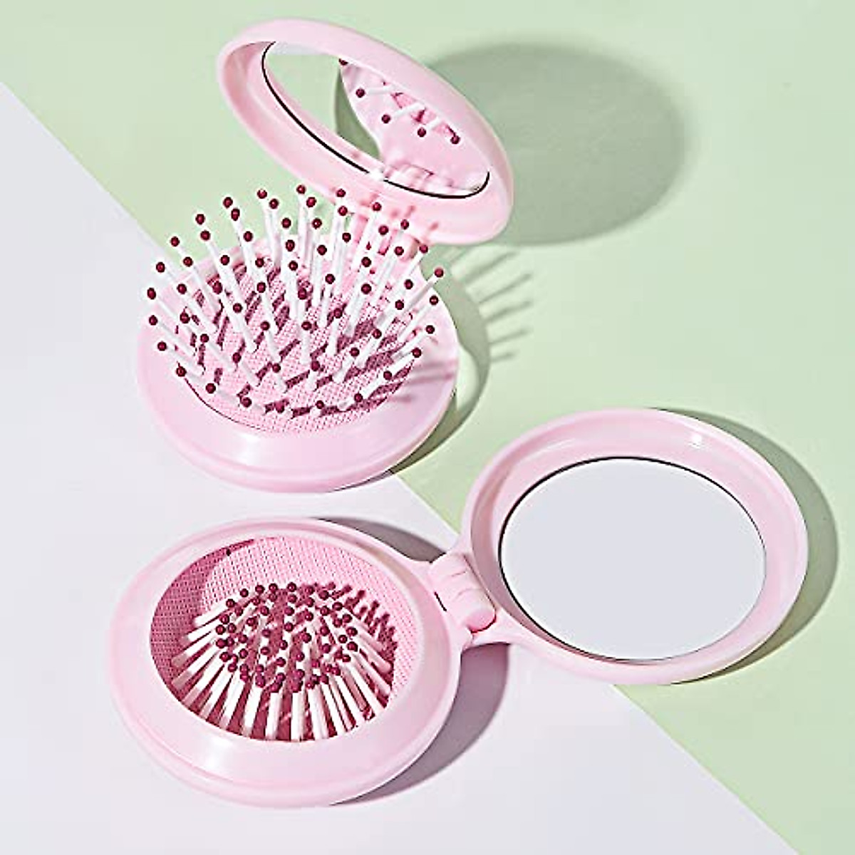 Mini Hair Brush for Purse, Small Portable Pocket Hair Brush with Mirror for Girls, Travel Size, Pink