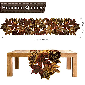 Fall Thanksgiving Table Runner with Embroidered Maple Leaves, Farmhouse Fall Thanksgiving Table Harvest Decor (13.7 × 86.6 inches)