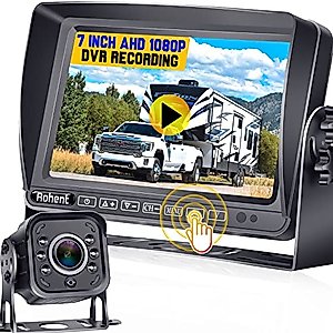 Rohent RV Backup Camera Wired HD 1080P 7 Inch Monitor DVR Recording Touch Button Split Screen Two Channels Rear View Reverse Cam System Waterproof Infrared for Car Truck Travel Trailer Camper N04