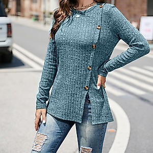 Women's Buttons Slit Hem Knit Tops Long Sleeve Crewneck Tunic Fall Clothes Solid Color Casual Pullover Sweaters (Cyan,Large)