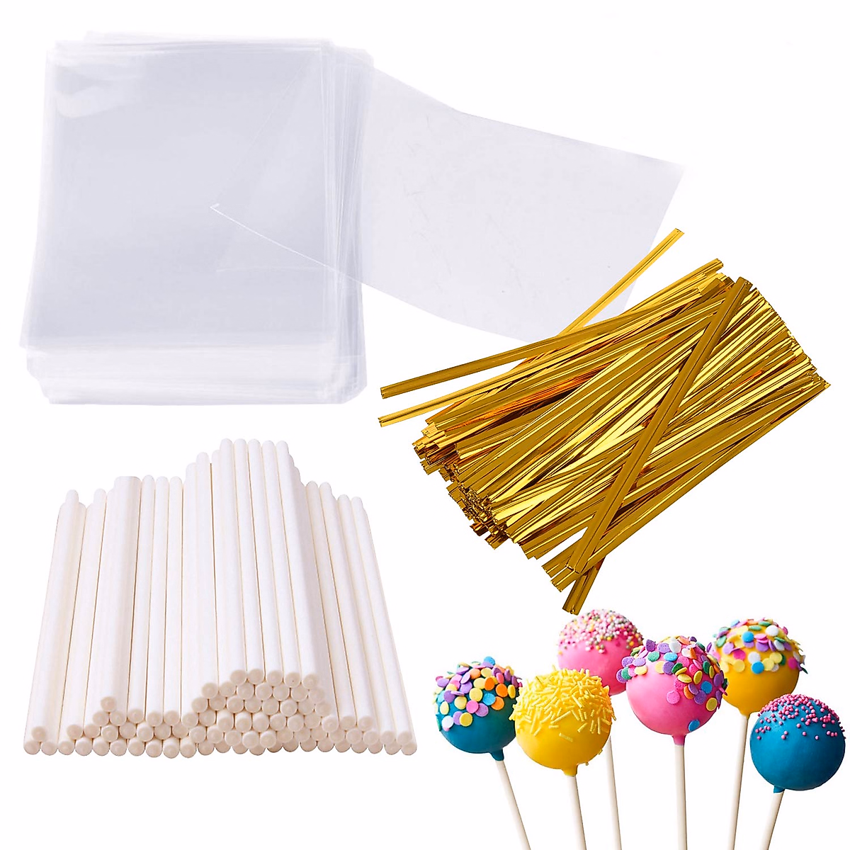 Augshy 300Pcs 6 Inches Cake Pop Sticks and Wrappers Include 100Pcs Cake Pop Sticks 100Pcs Cake Pop Bags and 100Pcs Twist Ties
