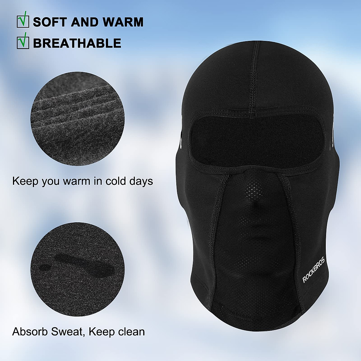 ROCKBROS Ski Mask for Men Women Winter Balaclava Ski Mask Under Helmets with Glasses Holes Thermal Fleece for Cold Weather