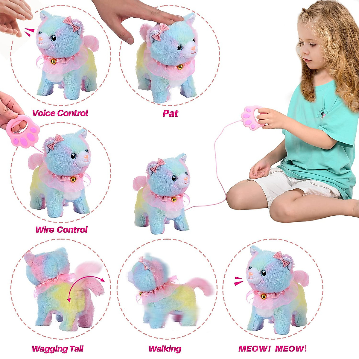 Volunna Remote Control Electronic Plush Cat Toy Pet for Girls Kids Interactive Toys, Walks, Barks, Pretend Dress Up Realistic Stuffed Animal for Age 3 4 5+ Years Old Best Gift (Cat-Colourful)