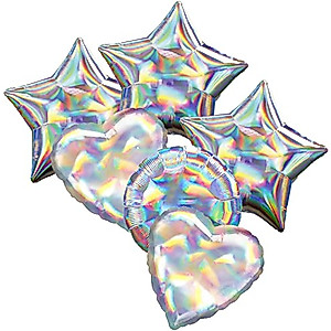 19" Iridescent silver Foil Balloon-6pcs(3Star, 2Heart, 1Round) DIY Birthday Party Supplies, Unicorn Birthday Party Decoration