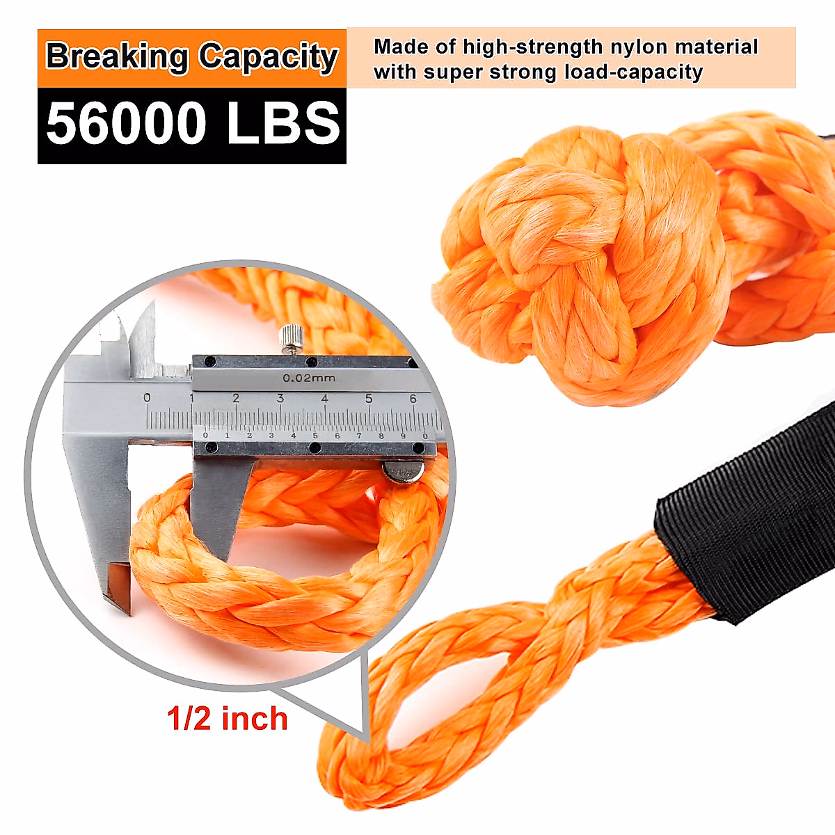 JCHL Soft Shackle Synthetic Road Recovery Rope 1/2' X 23 Inch 56000LBS Breaking Strength Tow Shackles for Sailing SUV Off Road Towing ATV Recovery 2 Pack