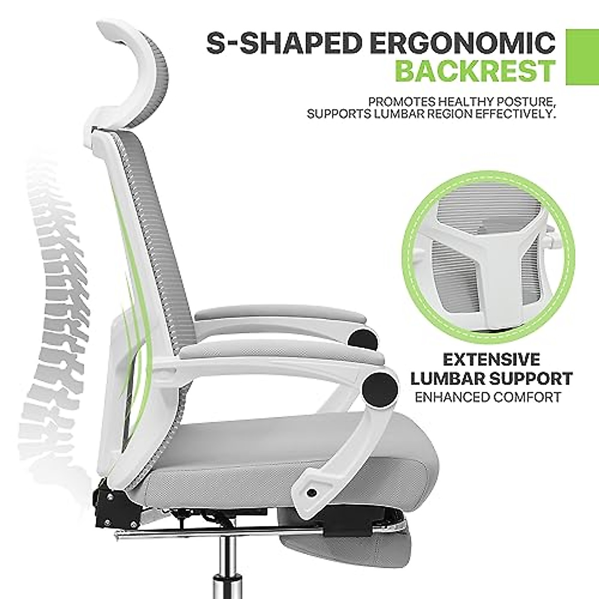 Ergonomic Office Chair with Footrest, High Back Mesh Gaming Desk Chair with Headrest, Swivel Rolling Home Chair with Lumbar Support and Flip-up Armrest, Grey