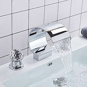 FUZ High Arc Waterfall Spout Bathroom Sink Faucet 3 Holes 2 Crystal Knobs Vanity Basin Mixer Tap 8-inch and Upwards Widespread Bathtub Filler Faucet,Chrome Finish