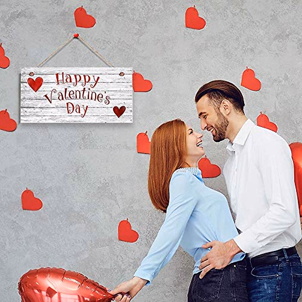 Happy Valentine's Day Sign, Red Hearts, Distressed Wood Style Sign, 6" x 12" Sign, Valentine's Day Gift, Holiday Door Sign（E4-WH219）
