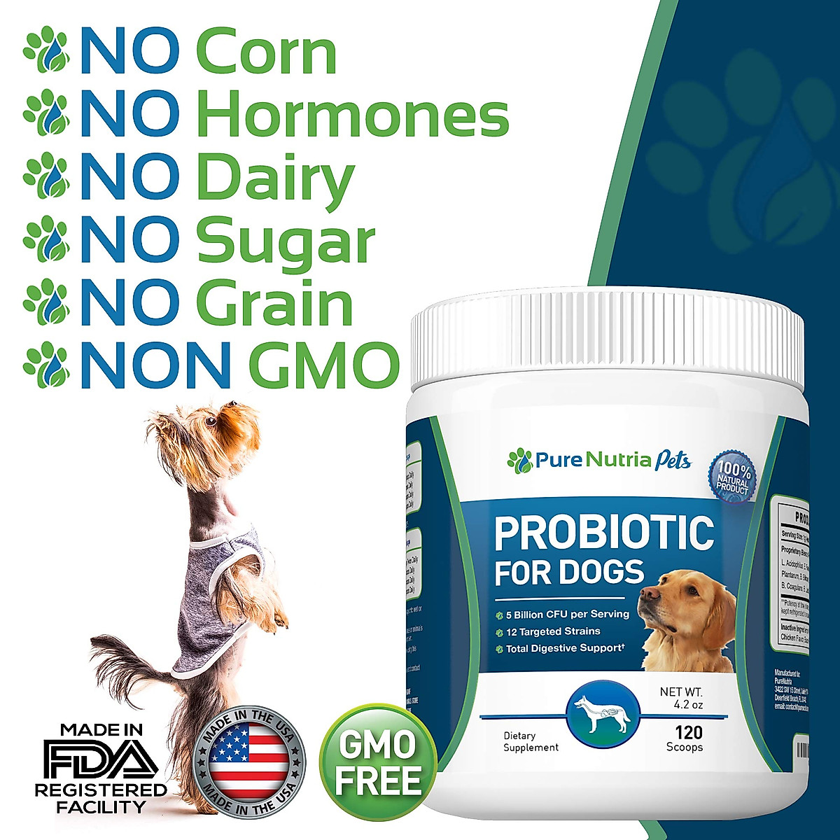 PureNutria Dog Probiotics Dog Supplements - for Dog Diarrhea, Upset Stomachs, Yeast, Gas, Dog Allergy and Dog Immune System Support - Made in USA - 12 Targeted Strains 5 Billion CFU - 120 Scoops