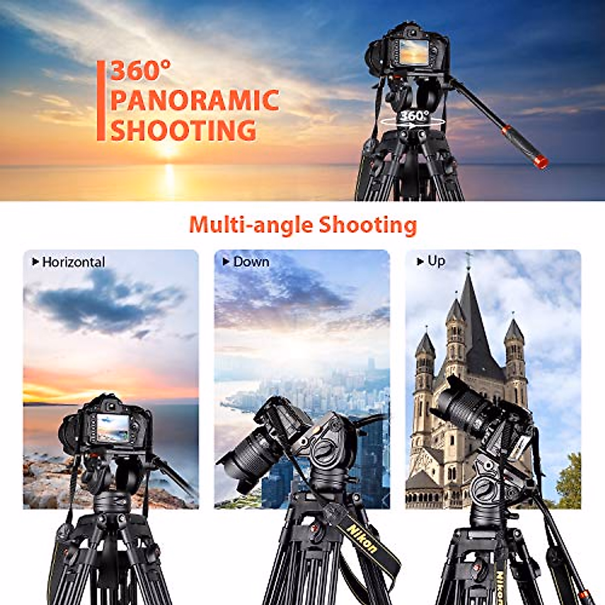 GEEKOTO Video Tripod System, 72 inches Heavy Duty Tripod, Professional Aluminum Twin Tube Tripod, K3 Fluid Head, Mid-Level Spreader, Max Loading 33 LB, 360 Degree Fluid Head for DSLR Camcorder Camera