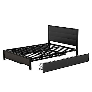 DUNTRKDU Queen Size Metal Platform Bed Frame with 2 Storage Drawers and Twin Size Trundle, Storage Platform Bed with Tufted Headboard for Kids/Teen/Adults, Noise-Free, No Box Spring Needed (Queen)
