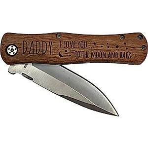 Daddy - I Love You to The Moon and Back Stainless Steel Folding Pocket Knife with Clip, Wood