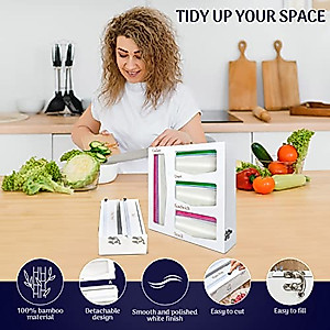 Ziplock Bag Organizer Bamboo, 6 in 1 Foil and Plastic Wrap With Cutter for Kitchen Drawer Compatible with Gallon, Quart, Sandwich and Snack Size Bags & 12" Rolls