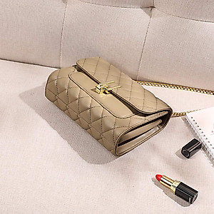 Plergi Small Genuine Leather Crossbody Quilted Flap Handbag with Chain Strap for Women Lightweight Cellphone Bag