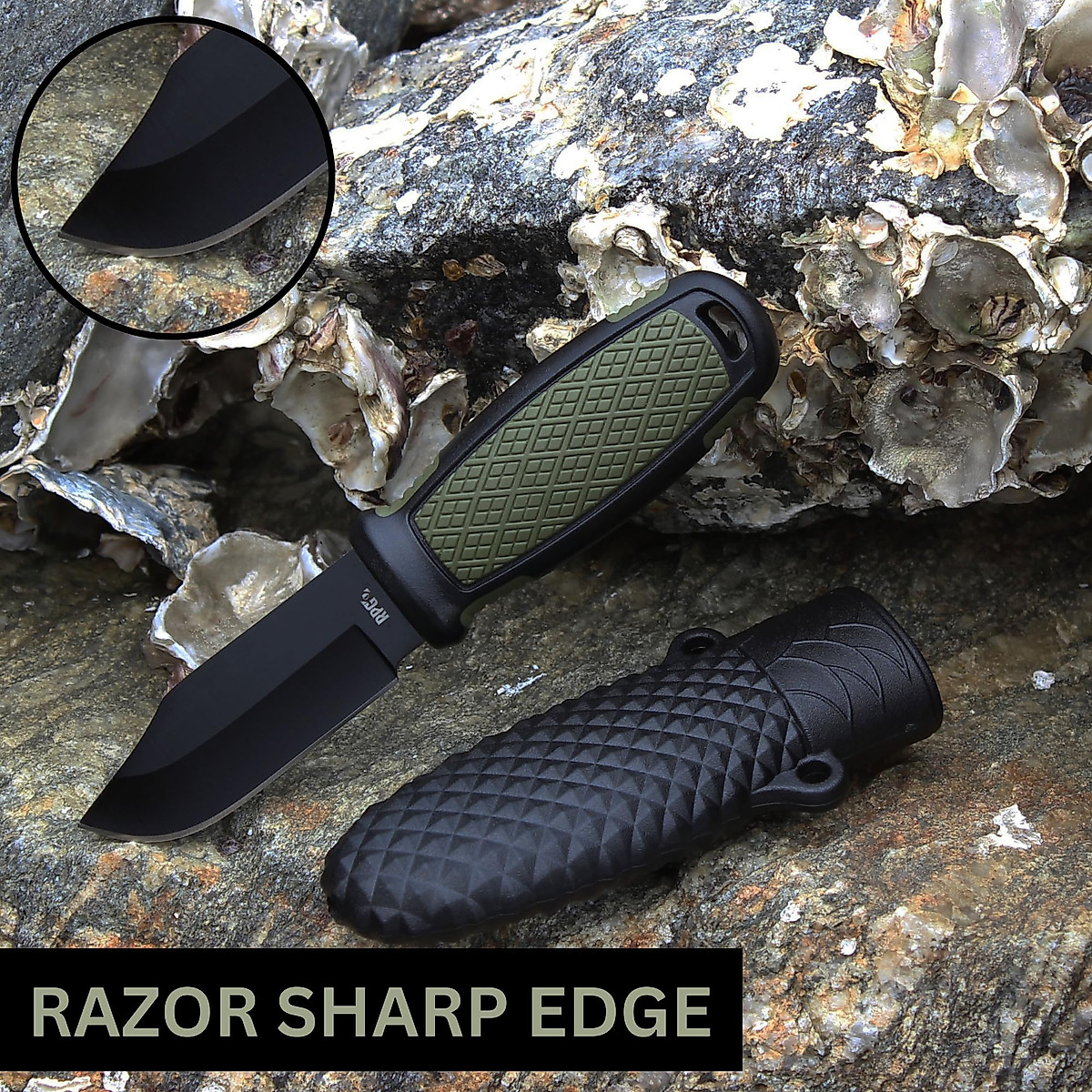 RPG Mini Small Black Full Tang Fixed Blade EDC Tactical Neck Knife with Link Chain Necklace & Plastic Molded Sheath - Concealable Minimalist EDC Survival Knife - 2.5 inch Blade - Stainless Steel