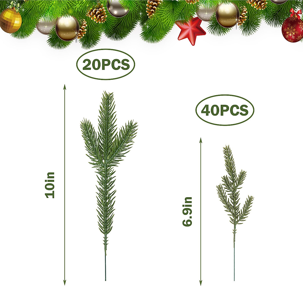 Alpurple Purple Star 60 PCS Artificial Pine Needles Branches-2 Styles Plant Pine Branches Christmas Tree Branches-Fake Greenery Pine Picks for DIY Christmas Garland Home Garden Party Wall Door Decor