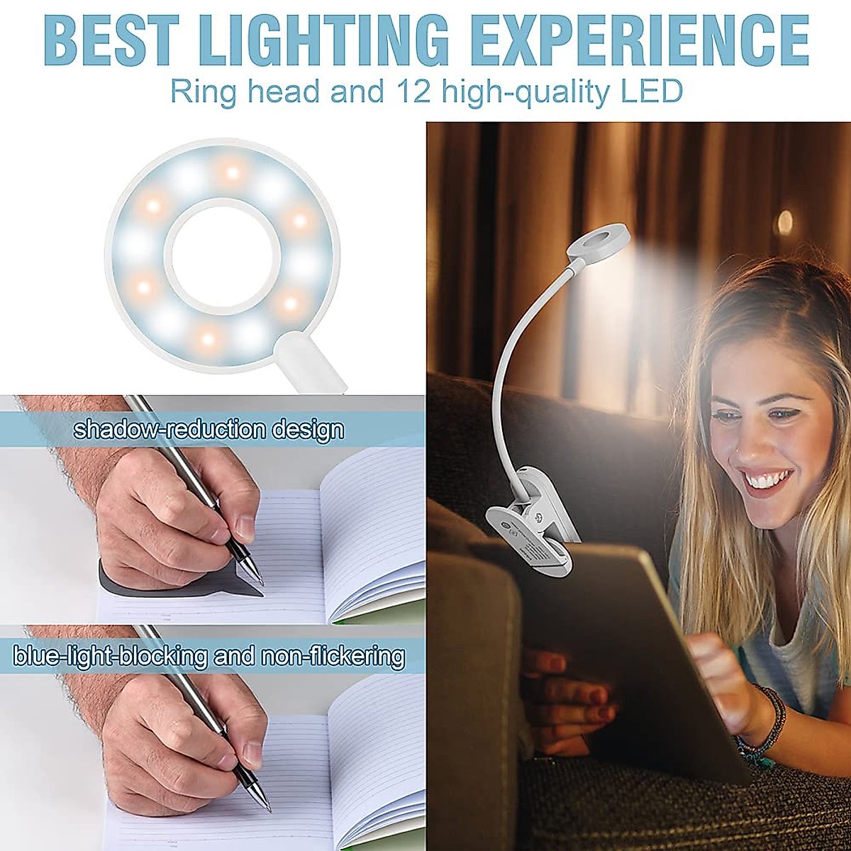 Visson Stepless Dimming Book Light,12 LED Reading Lights for Books in Bed,3 Color Temperature,Rechargeable Clip-on Light with Magnetic Function.Perfect for Bookworms,Kids