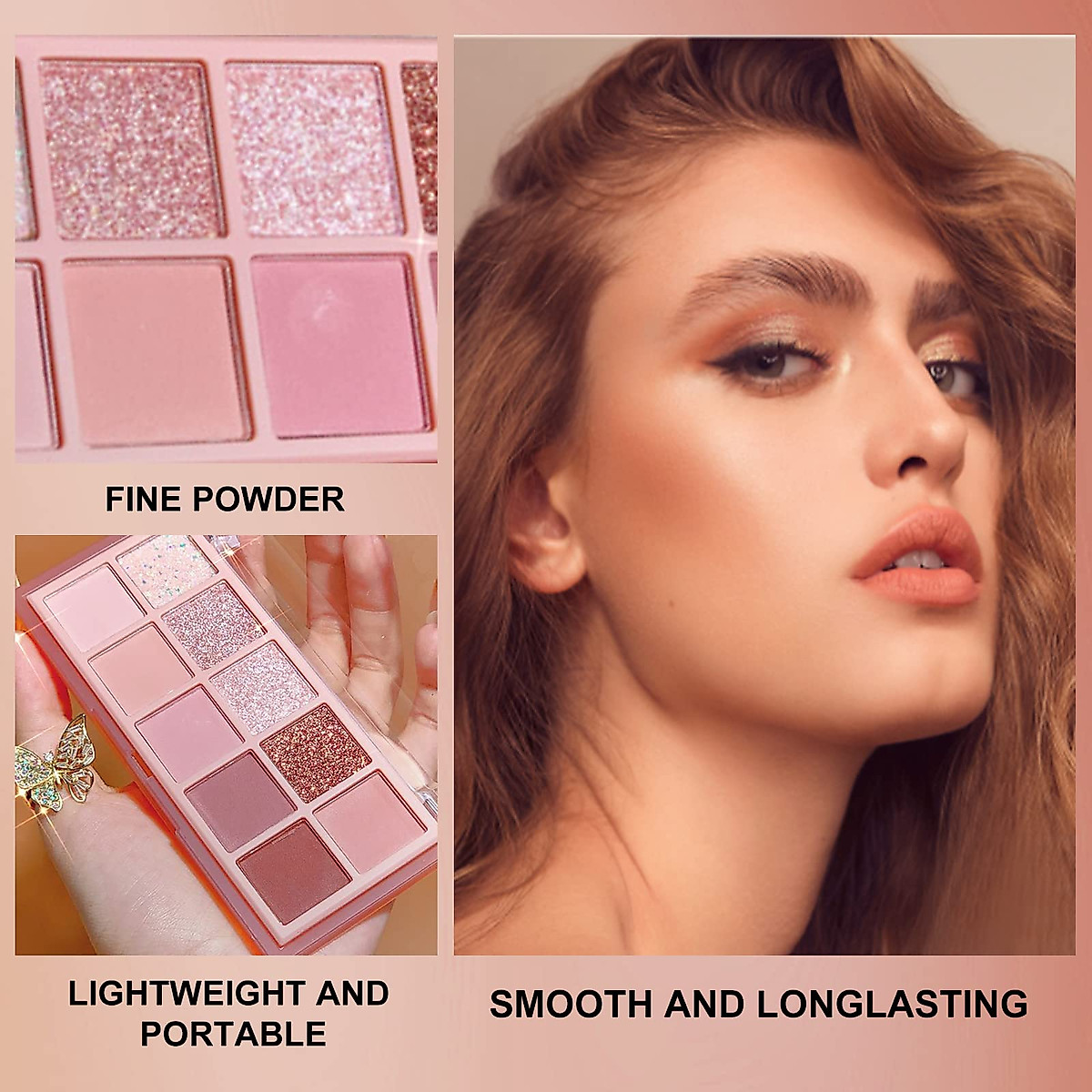Erinde 10 Colors Eyeshadow Palette Makeup - Matte Shimmer Glitter Eye Shadow, Natural-Looking Korean Eye Makeup, Ultra-Blendable, High Pigmented, Pink Christmas Eyeshadow Palette with Brush, Rose Pink