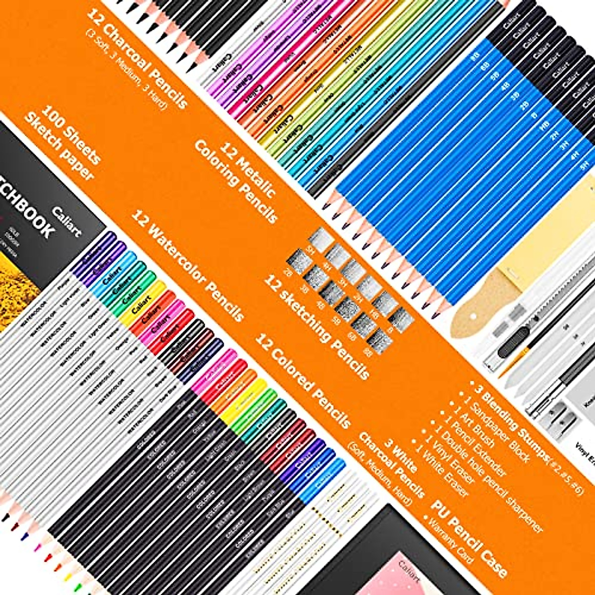 Caliart Art Supplies, Drawing Supplies, Premium Art Set Sketching Kit with 100 Sheets 3-Color Sketch Book, Graphite, Colored, Charcoal, Watercolor & Metallic Pencils for Artists Adults Teens Beginners