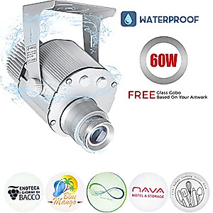 AHWZ 60W LED Logo GOBO Projector Outdoor IP65 Waterproof Including Free Custom Glass GOBO to Project Image,Silver