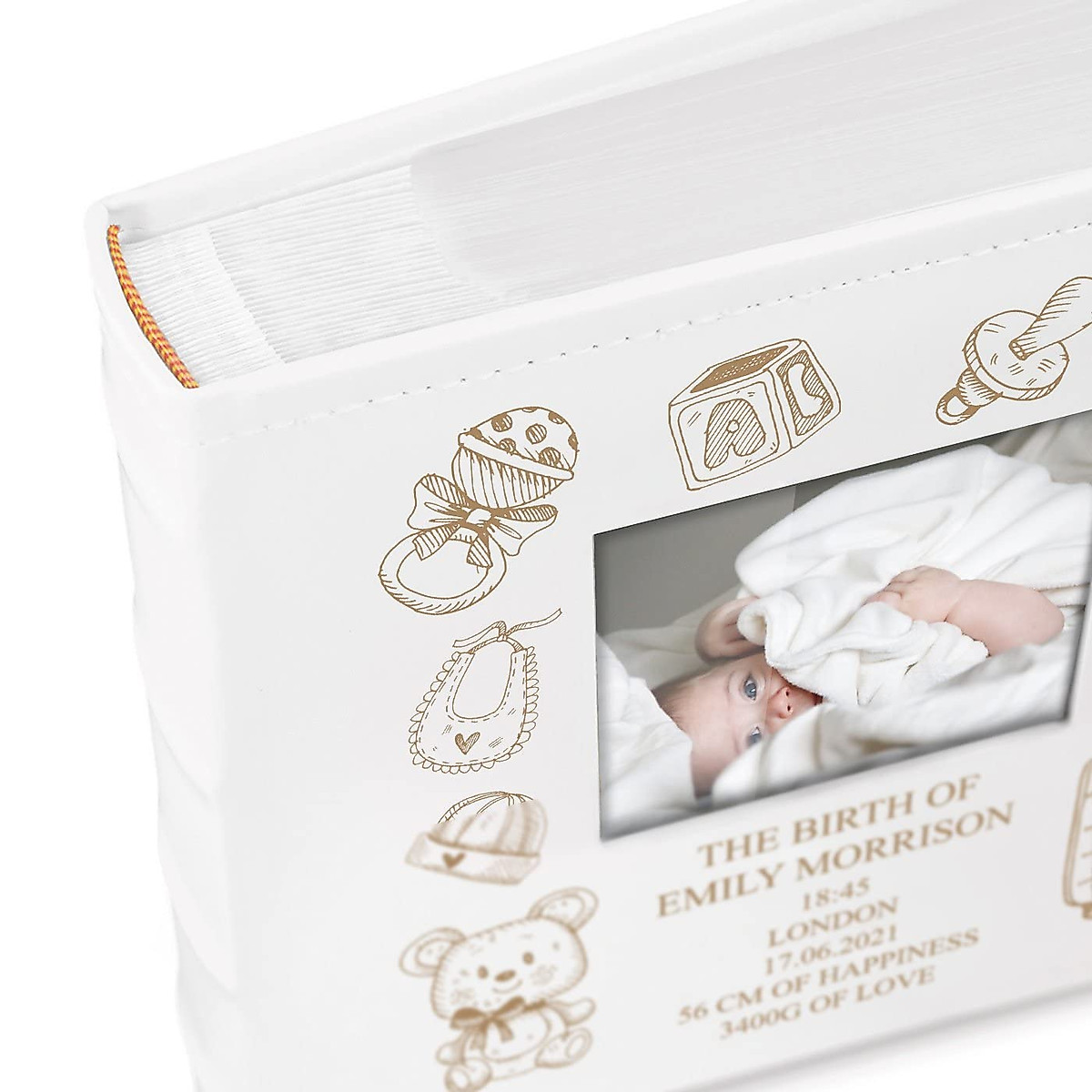 Maverton Slip-In Photo Album for kids - Engravable white cover with a photo frame - 100 pages to fill in with up to 200 images - Personalized album for Baptism - For Birthday - baby