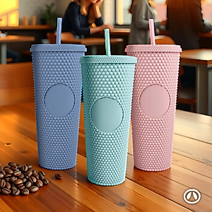 Hogg 24oz Studded Tumbler - Light Blue, Iced Coffee Cups with Lids Reusable, 24 oz Tumbler with Lid and Straw, Venti Reusable Iced Coffee Cup, Bling Cup, DIY Circle for Vinyl or Stickers, Blue Tumbler