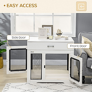 PawHut Dog Crate Furniture with Soft Water-Resistant Cushion, Dog Kennel End Table with Drawer, Puppy Crate for Small Dogs Indoor with 2 Doors, White