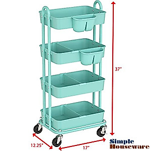 SimpleHouseware 4-Tier Multifunctional Rolling Utility Cart with Basket Dividers and Hanging Buckets, Turquoise