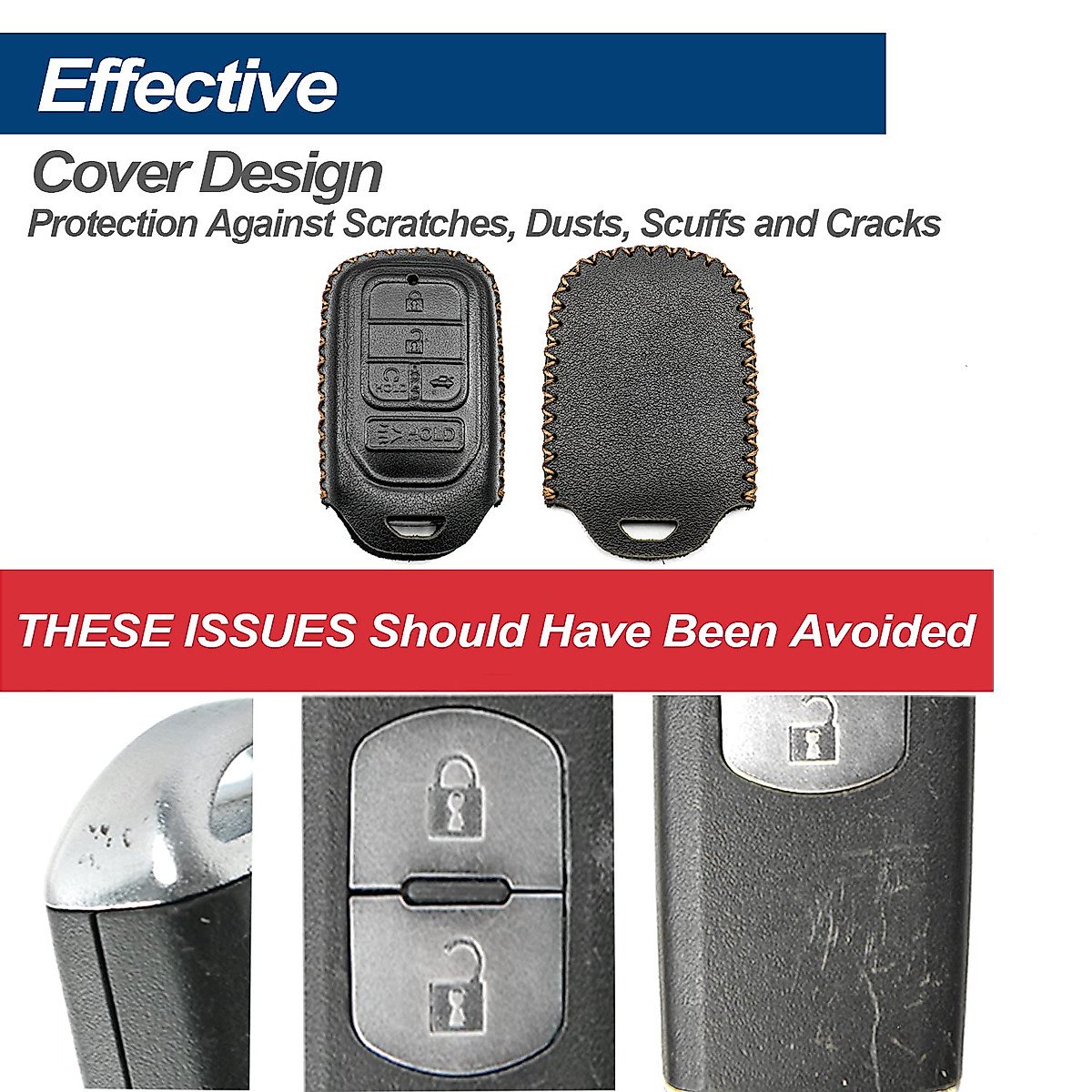 INFIPAR Fit for Honda Passport CR-V Accord Pilot Civic HR-V Insight Genuine Leather Smart Key Fob Case Cover Keyless Entry Protector, with Key Chain (5-Button, Black)