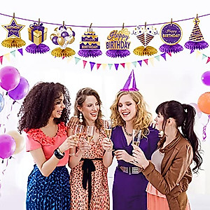 8PCS Purple Gold Birthday Decorations Honeycomb Centerpieces for Women Girls, Purple Happy Birthday Table Centerpieces Party Supplies, 16th 21st 30th 40th 50th 60th Birthday Table Topper Decor