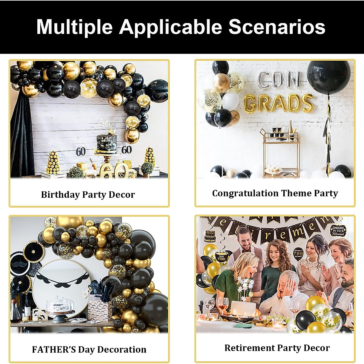 144pcs Black and Gold Balloons Arch Kit, Black Gold Confetti Balloons for Birthday Graduation Retirement anniversary Party Decorations Balloon Garland Kit for New Years Eve Decor