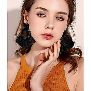 D.Rosse Handmade Bohemian Tassel Crystal Statement Drop Dangle Earrings for Women Hoop Fringe Lightweight Ear Jewelry Summer Accessories (Black)