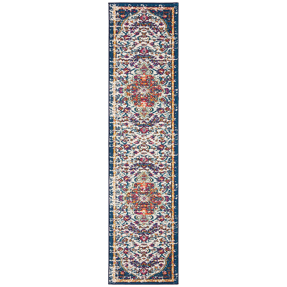 SAFAVIEH Madison Collection Runner Rug - 2'2" x 12', Ivory & Orange, Boho Chic Medallion Distressed Design, Non-Shedding & Easy Care, Ideal for High Traffic Areas in Living Room, Bedroom (MAD447A)