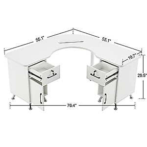 BarberPub L-Shaped Nail Table with Storage Corner Manicure Desk with Drawers and Cabinets Home Office Workstation 2672 (White)