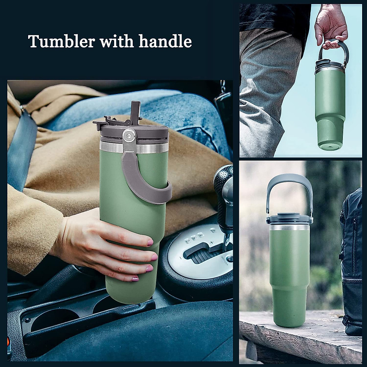 ZHZHLED 30 oz Tumbler with Handle, Vacuum Insulated Water Bottle with 2-in-1 Lid and Straw, Double Wall Stainless Steel Coffee Cup Travel Mug Leak Proof Flip, Cold for 12 Hours Iced for 24 Hours