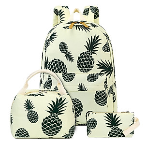 Bookbag School Backpack Girls Cute Schoolbag for 15 inch Laptop backpack set (Beige A002 Green pineapple)