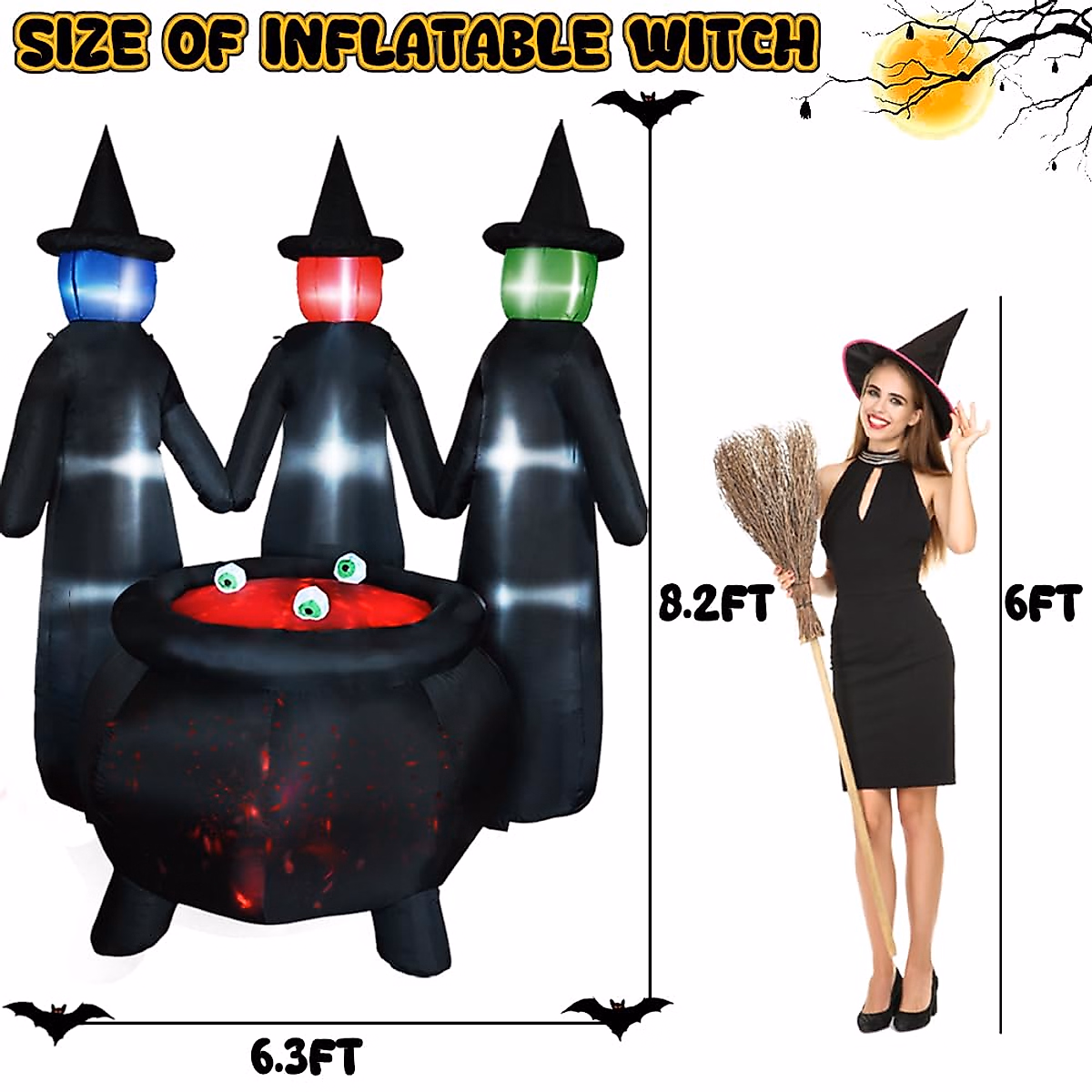 Halloween Decorations Inflatables Outdoor, 8.2FT Inflatable Halloween Three Witch Around Cauldron with Flame Light Halloween Blow Up Yard Decorations with Built-in LED for Outdoor Yard Patio Lawn