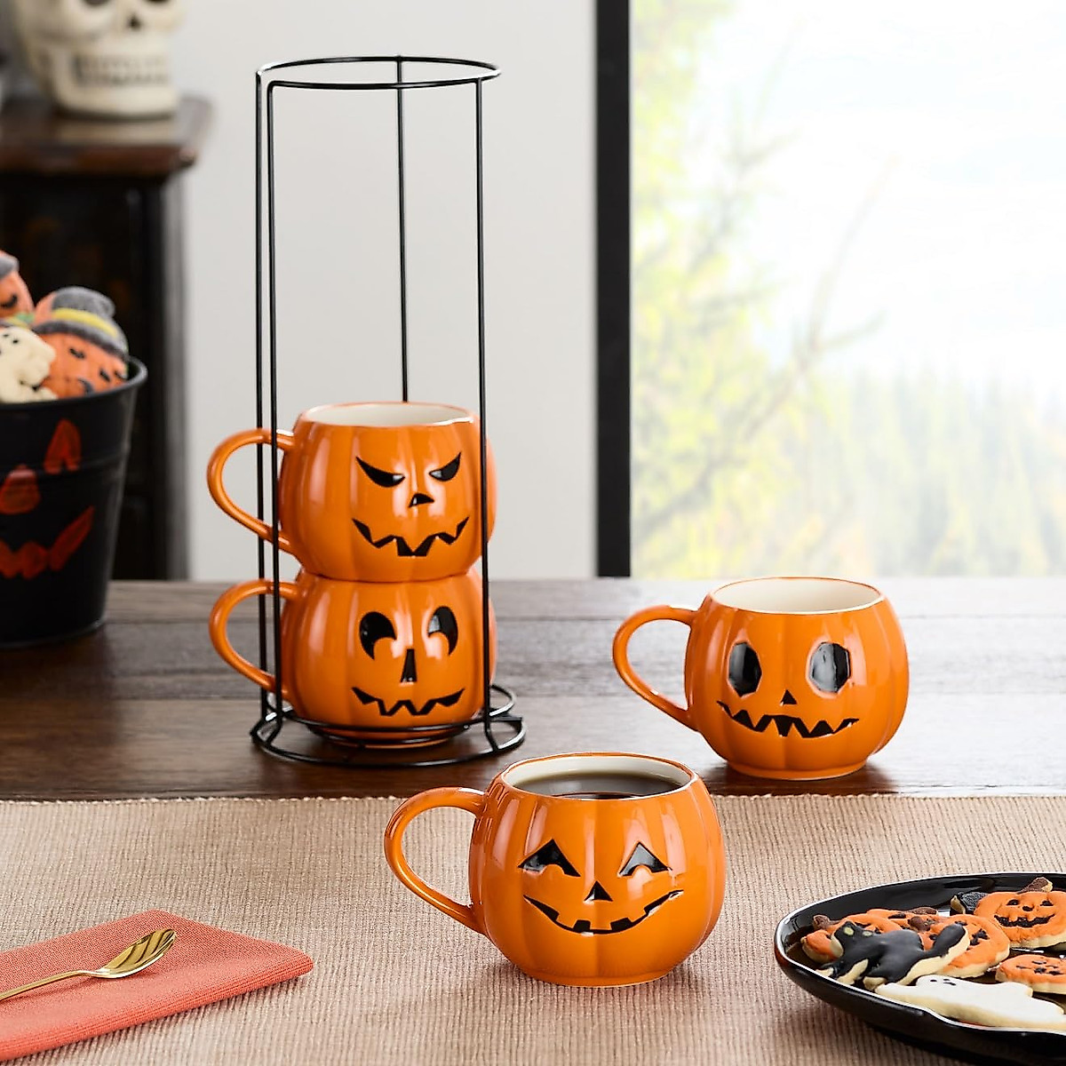 Way To Happiness 13-Ounce Halloween Orange Pumpkin Stoneware Stackable Mug Set with Iron Rack, Cute and Spooky Coffe Mugs