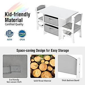 TUOCHUFUN Toddler Table and Chair Set, Wooden Kids Table and Chairs with Storage Baskets Puzzle, Activity Table Playset Furniture with Modern Gray Colors