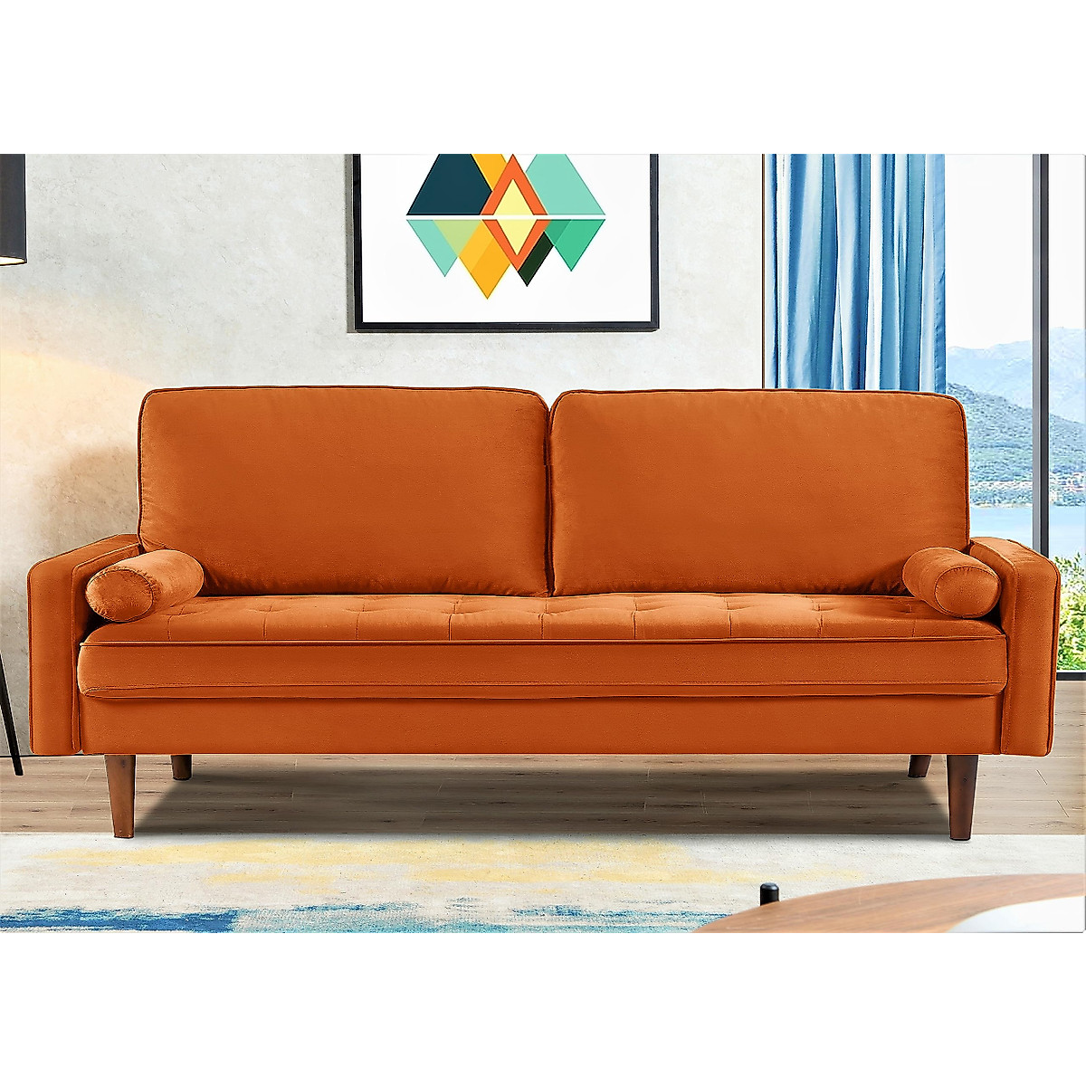 US Pride Furniture Velvet Tufted Sofa, Iconic Mid-Century Style Living Room Furniture with Contemporary Silhouette, Button Tufting and Wood Legs, Includes 2 Bolster Pillows, Couch, Orange