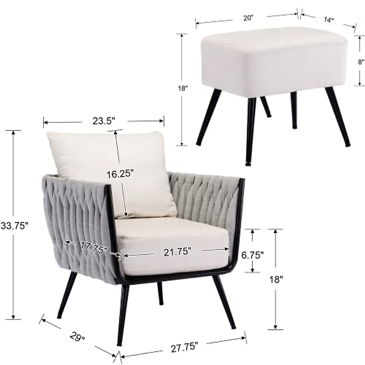 LukeAlon Velvet Accent Chair with Ottoman Set, Linen Weaved Back Living Room Chair with Metal Legs Upholstered Reading Chair with Armrest for Study Room Reception Room, Grey & Beige