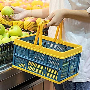 Collapsible Storage Crates,9 Liter Stackable Container Basket Milk Crates Plastic Grocery Folding Shopping Baskets Bins with Handles (Yellow)