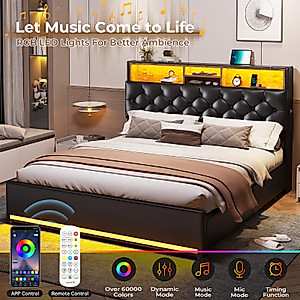 HAUOMS Queen Bed Frame with 3-Tier Headboard & Hidden Storage, Upholstered LED Bed Frame with 4 Drawers and Charging Station,Platform Metal Bed Frame with Storage, No Box Spring Needed, PU Black